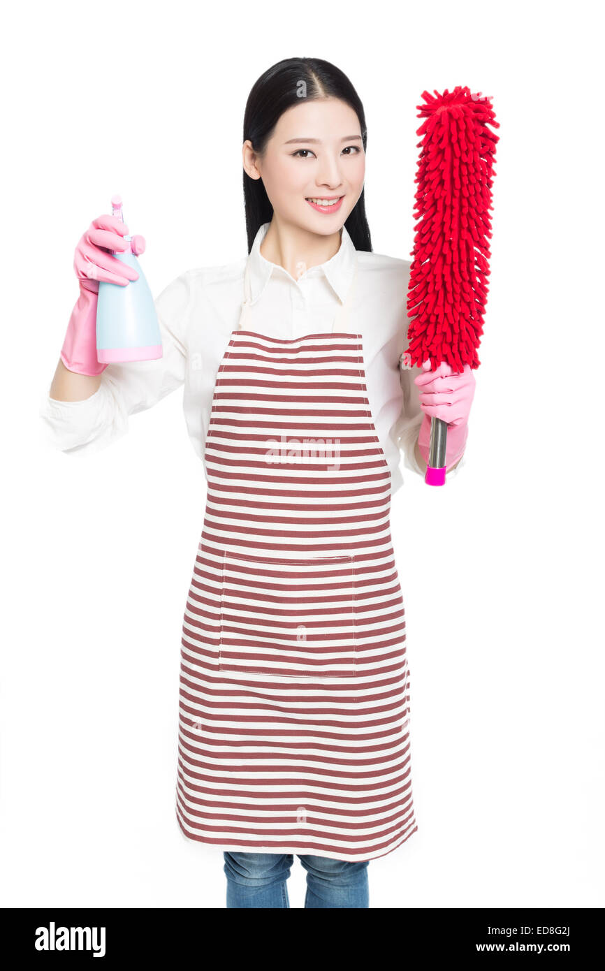 beautiful cleaning girl standing in isolated on white background. asian ...