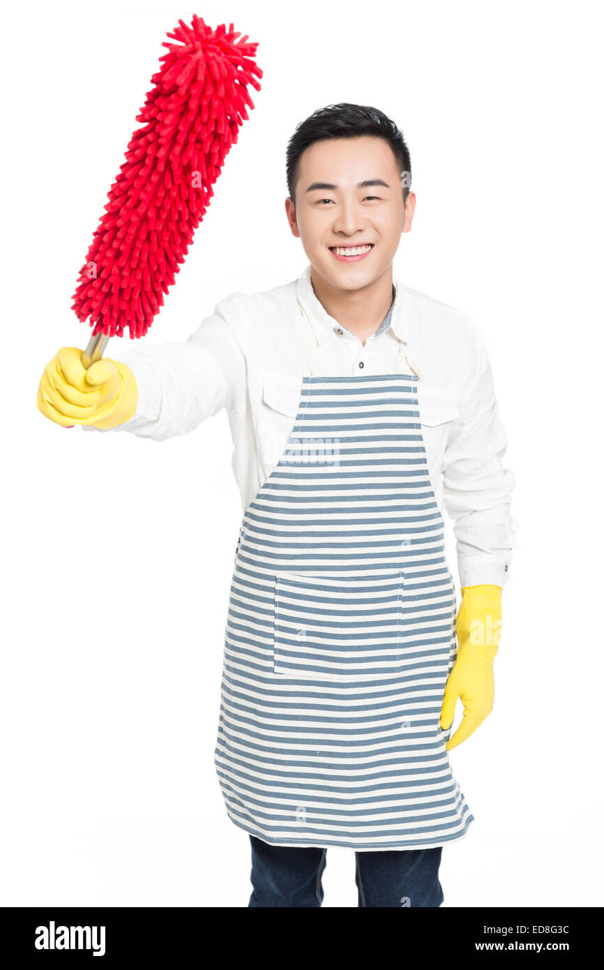 picture of male with cleaning sweep, white background Stock Photo - Alamy