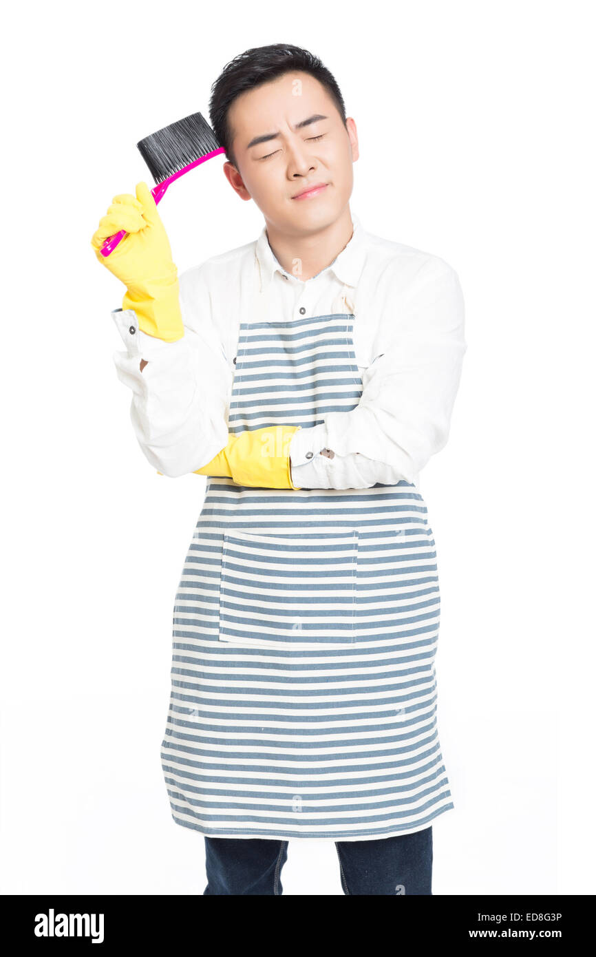 picture of male with cleaning sweep, white background Stock Photo - Alamy