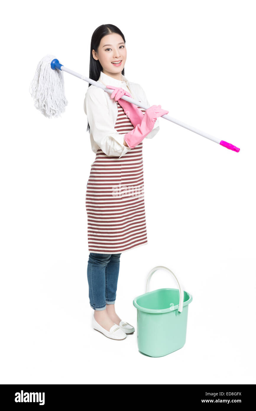 picture of beautiful woman with cleaning sweep, white background Stock ...