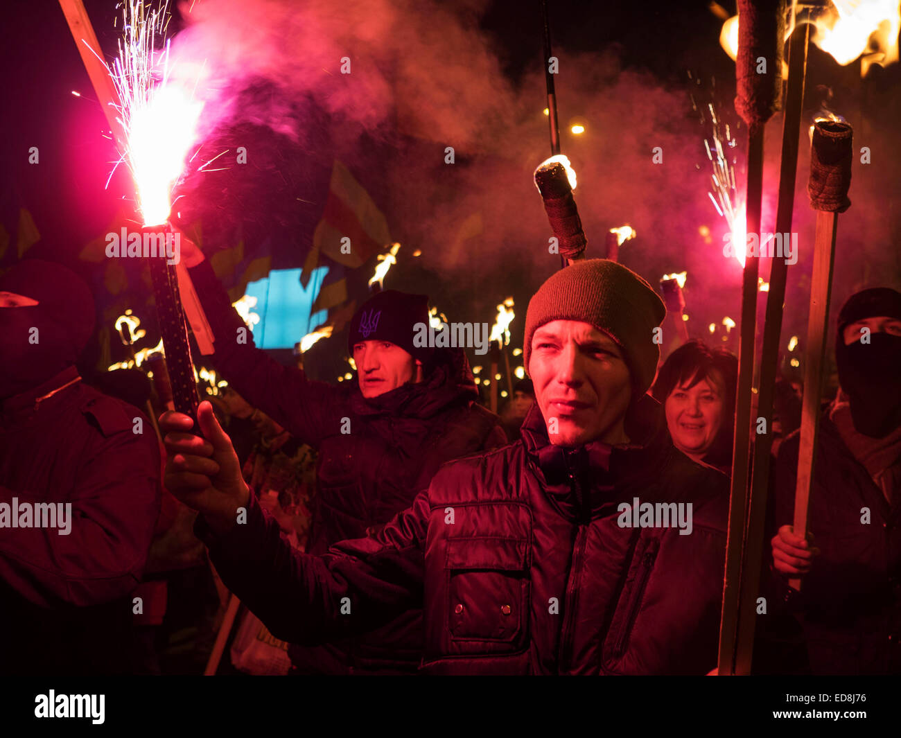 Kiev, Ukraine. 1st January, 2015. The torchlight procession in honor of ...