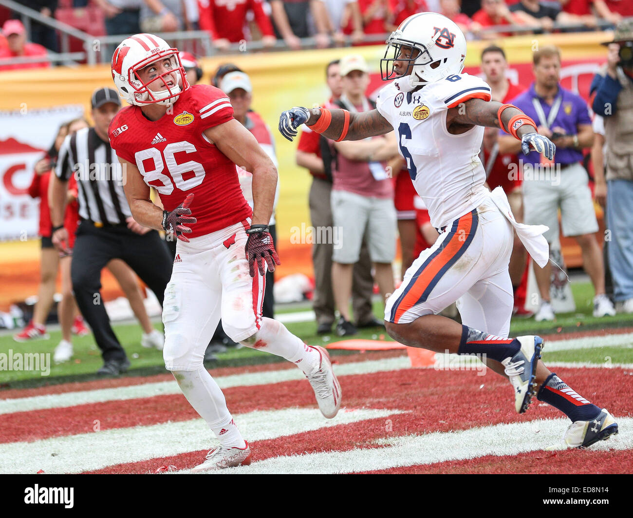 Tampa, FL, USA. 1st Jan, 2015. Wisconsin's Alex erickson looks back for the pass as he's guarded ...