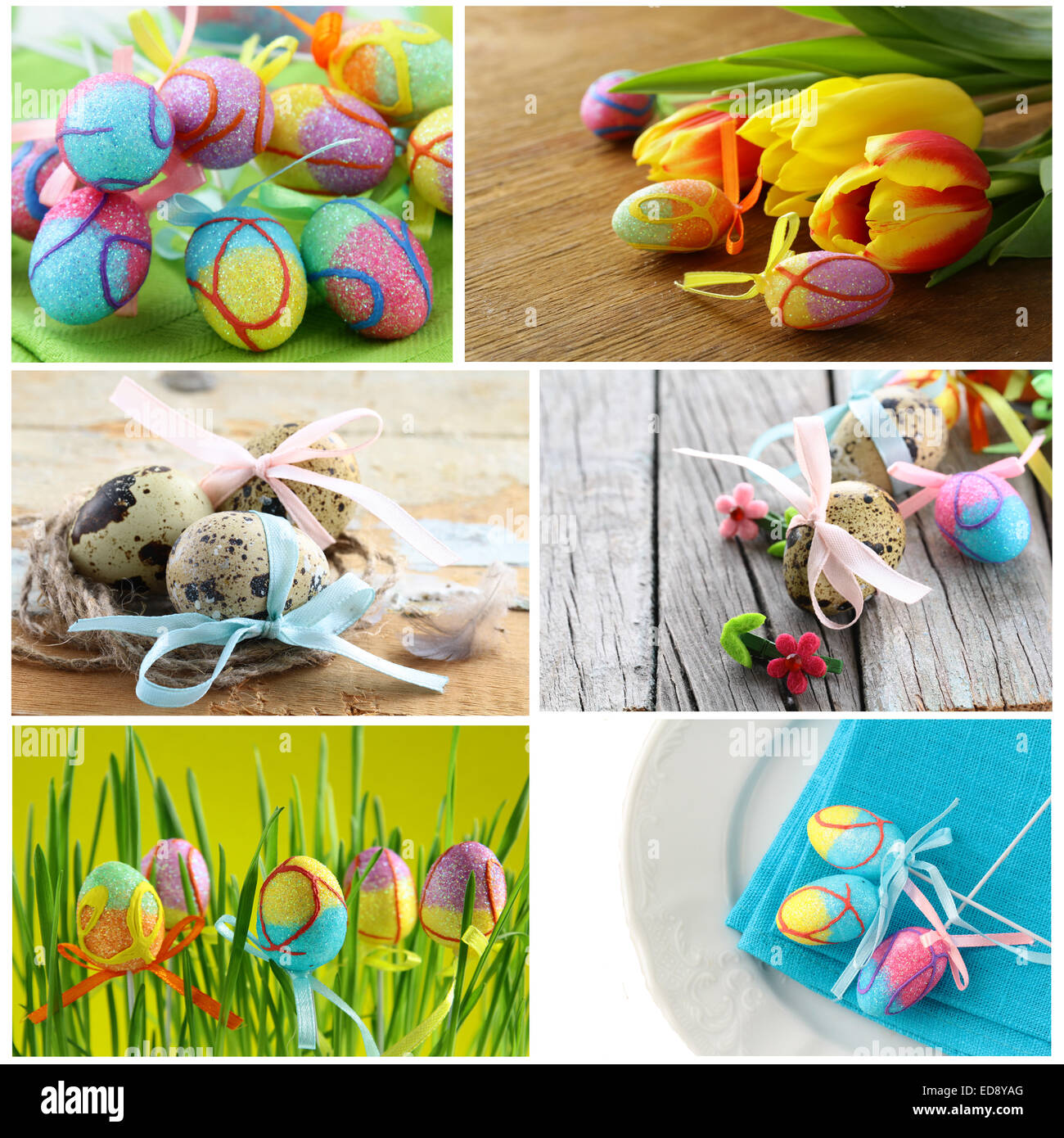 collage Easter symbols - colored eggs, flowers and decorations Stock ...
