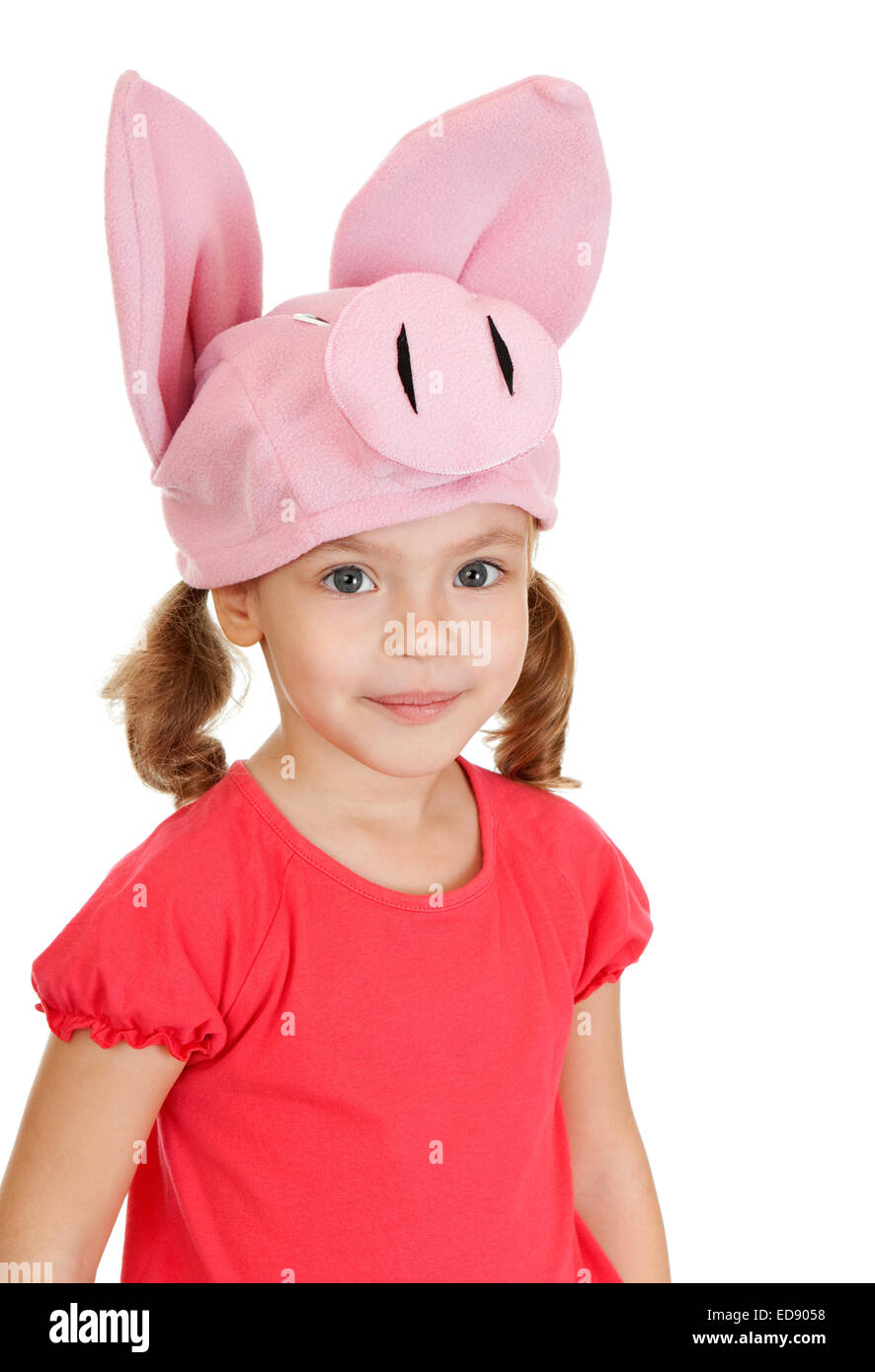 Little girl in hat cheerful pig Stock Photo - Alamy