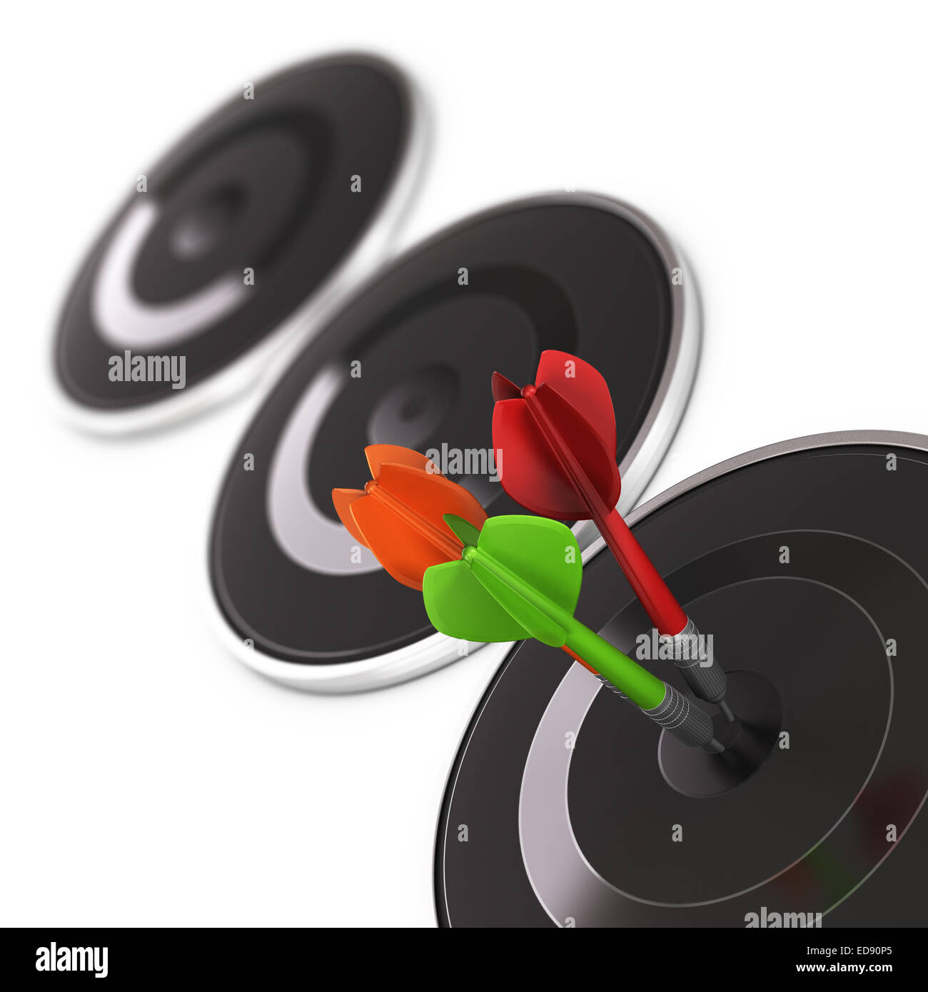 Three darts hitting the center of a black modern target over white ...