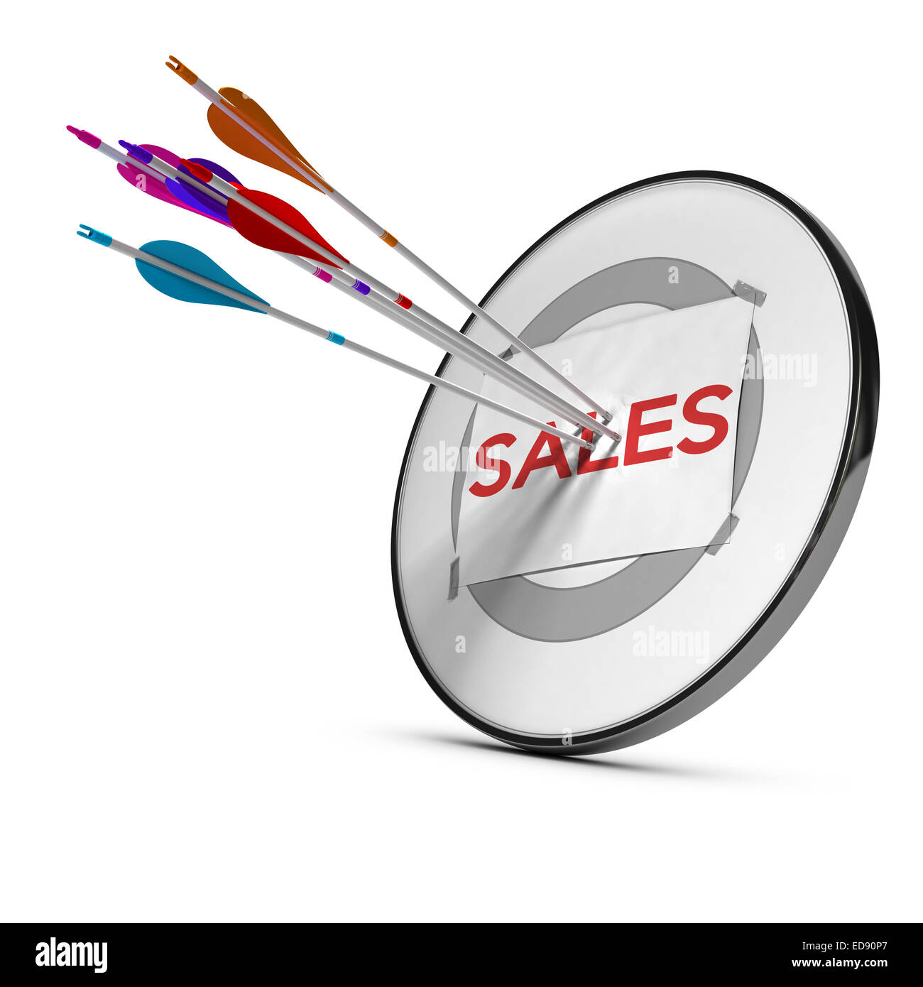 Five arrows hitting the center of a sheet of paper with the word sales ...