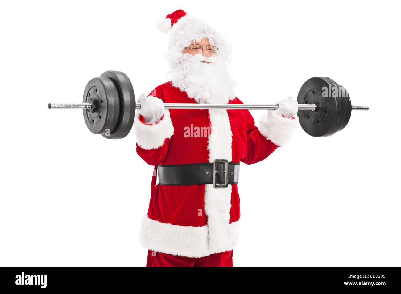 Santa exercising with a heavy barbell isolated on white background ...