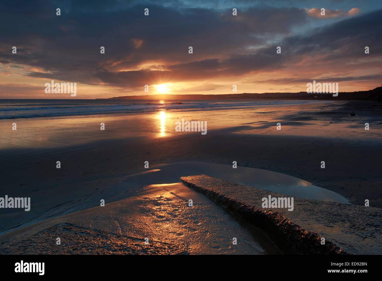 Sunrise on the beach at Filey Bay - Yorkshire, England, UK Stock Photo ...