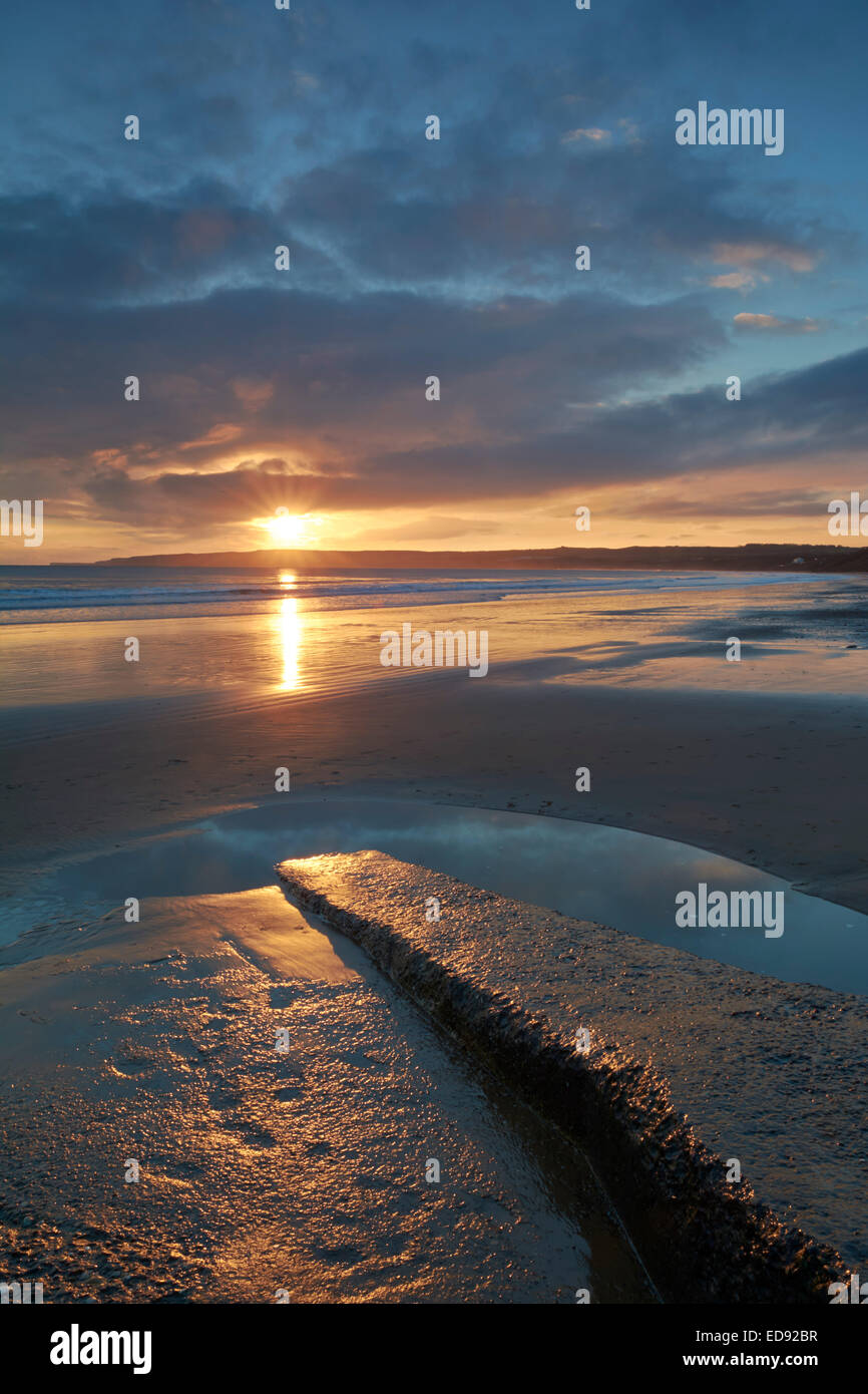 Sunrise on the beach at Filey Bay - Yorkshire, England, UK Stock Photo ...