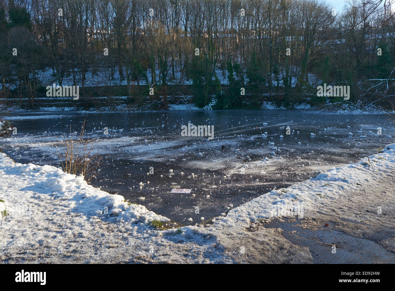 Icy frozen pond in the Rivelin Valley - Sheffield, England, UK Stock ...