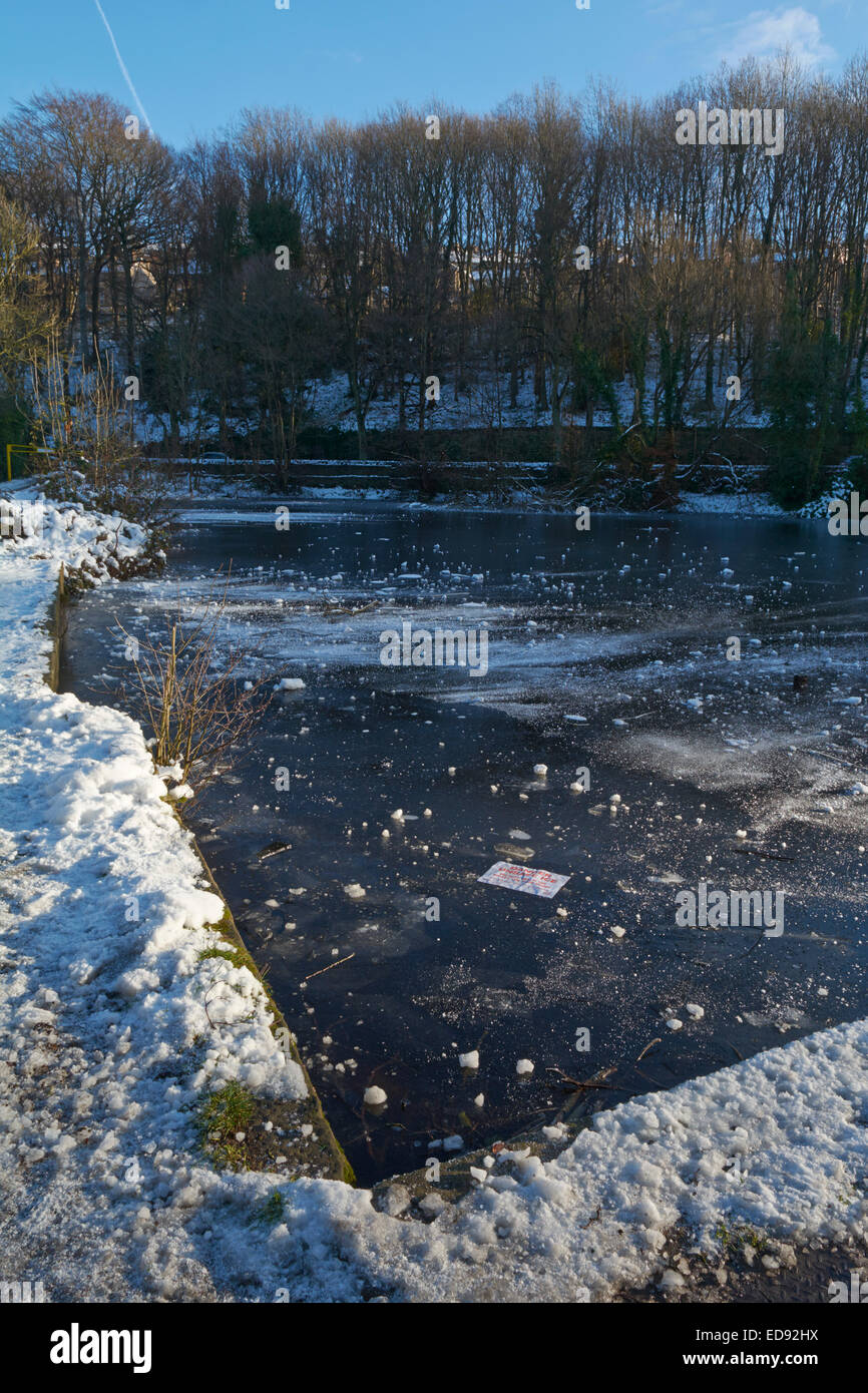 Icy frozen pond in the Rivelin Valley - Sheffield, England, UK Stock ...