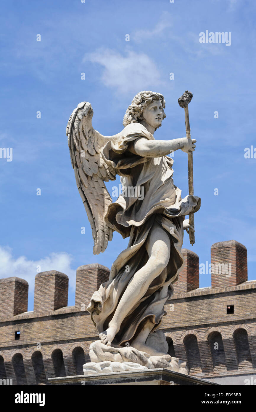 An Angel sculpture with a rod and sponge with vinager against a blue ...