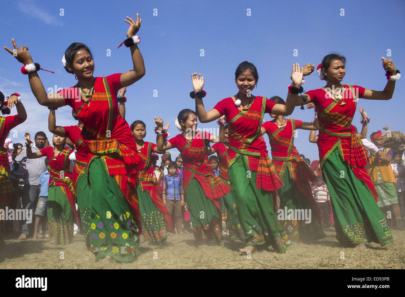 Sivasagar, Assam, India. 2nd Jan, 2015. Mishing tribal girls dance ...