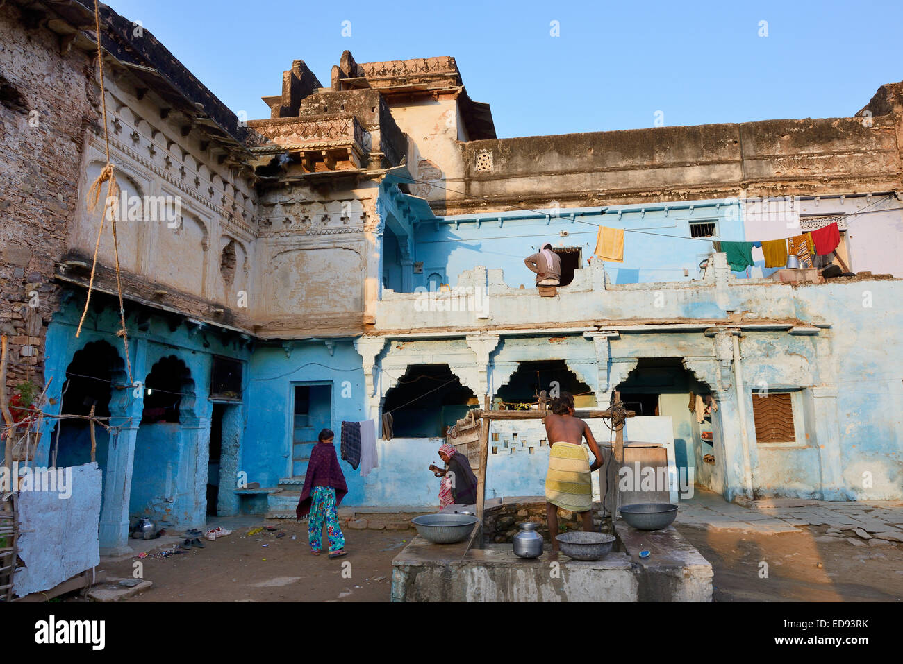 India, Rajasthan, Mewar region, Bundi village, morning toilet in the ...