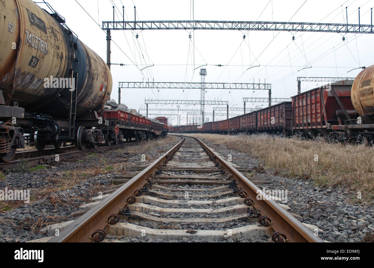 freight wagons cargo containers in parked on railway Stock Photo - Alamy