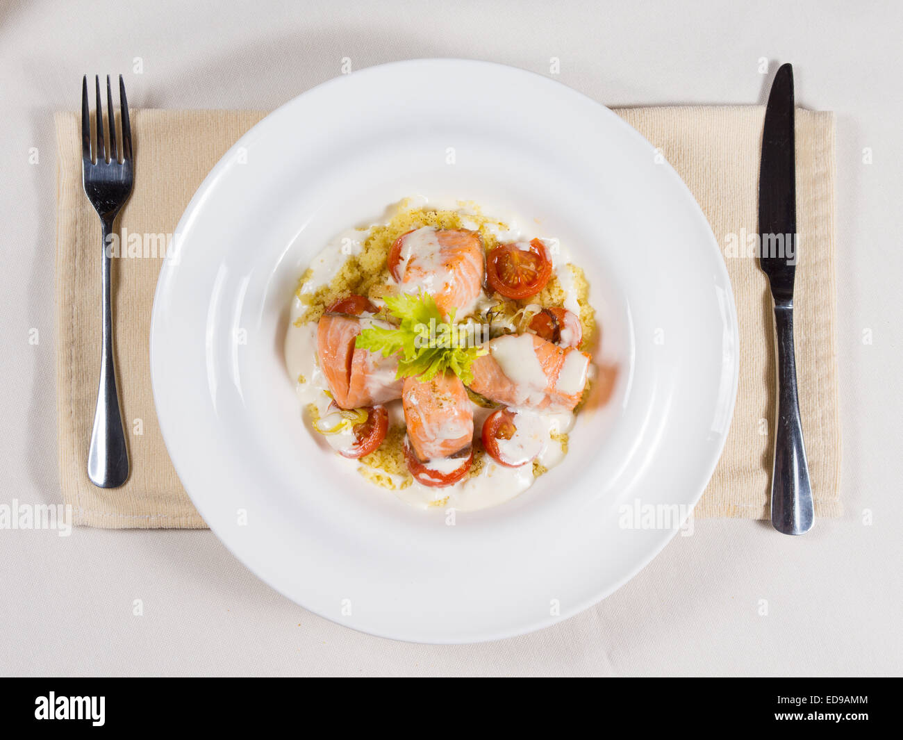 Gourmet salmon seafood starter with bite sized portions of fish ...