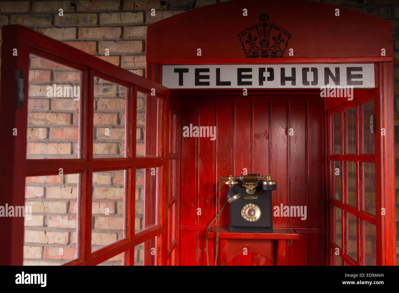 Close Up Detail of Red Public Telephone Booth with Old Fashioned ...