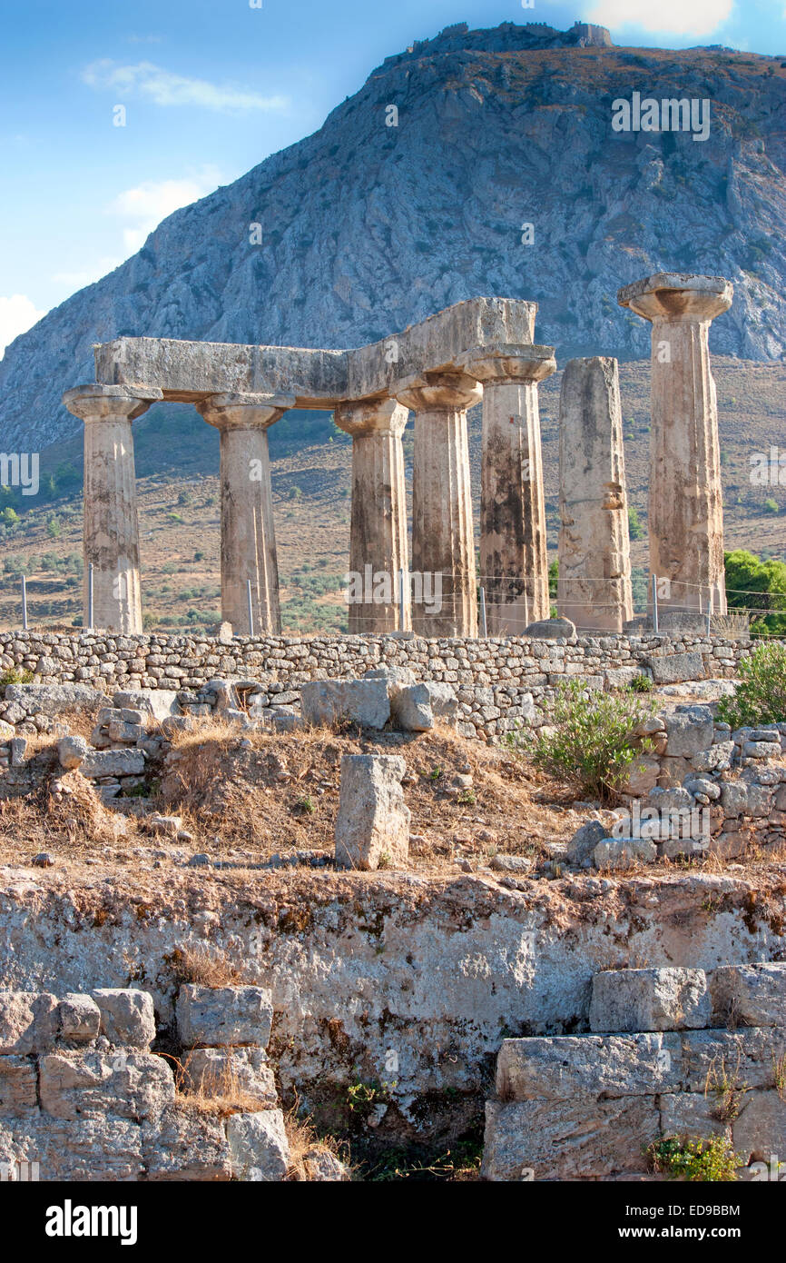Temple of Apollo at Ancient Corinth, with Acrocorinth in the background ...