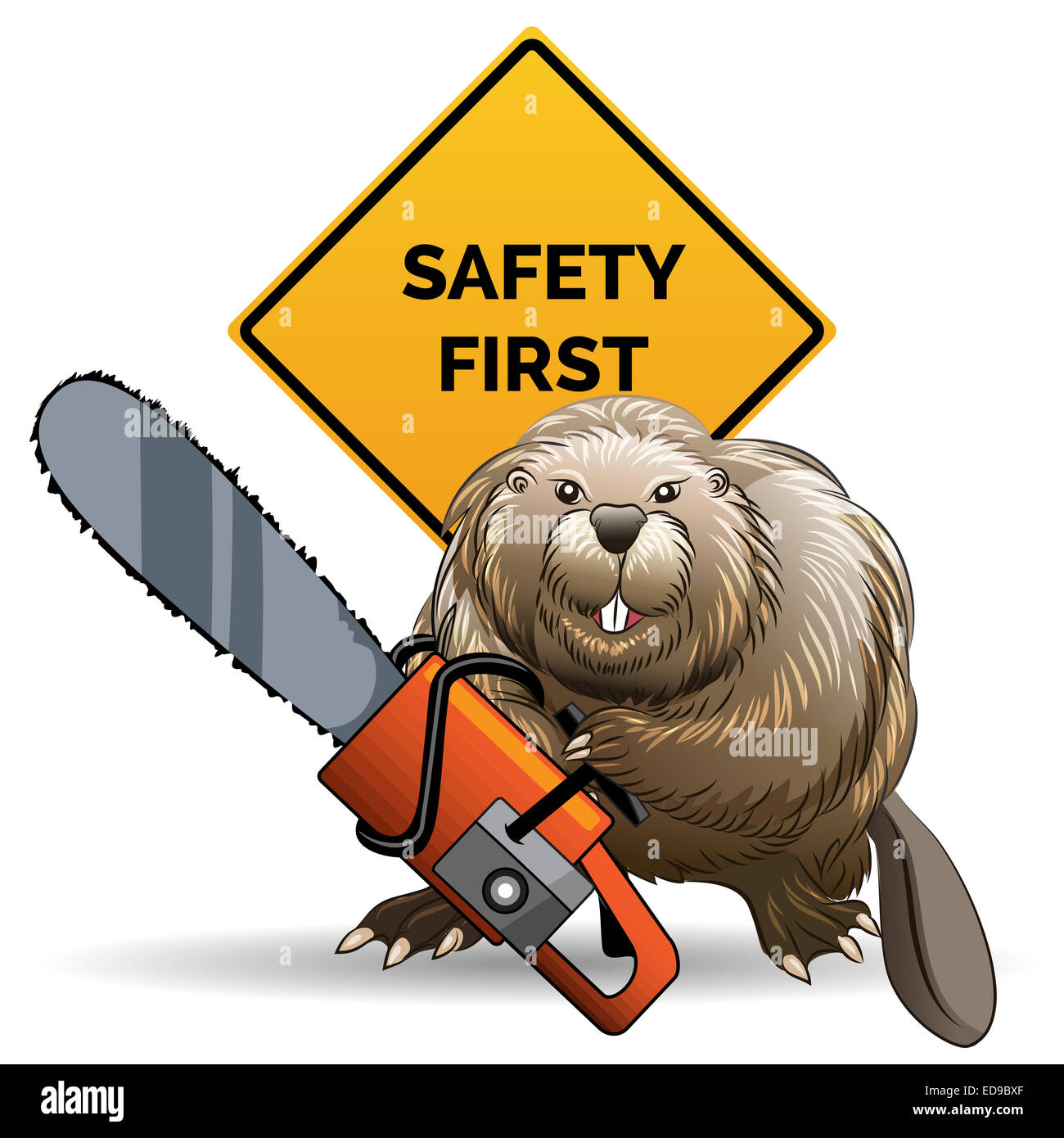 Humorous illustration of beaver with chainsaw against sign with wording ...