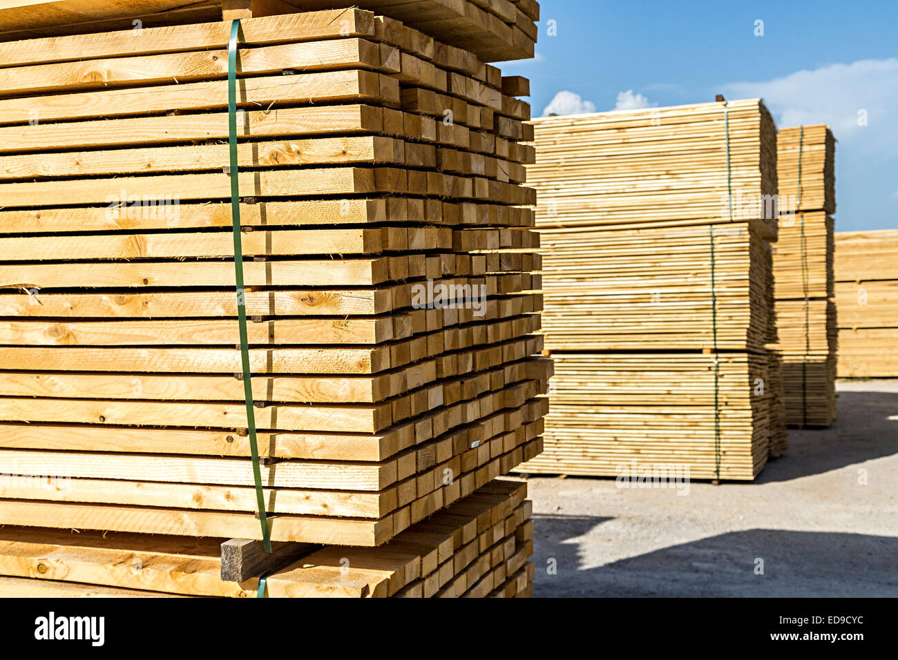 Sawn and planed stacked timber in sawmill yard, Cerknica, Slovenia ...