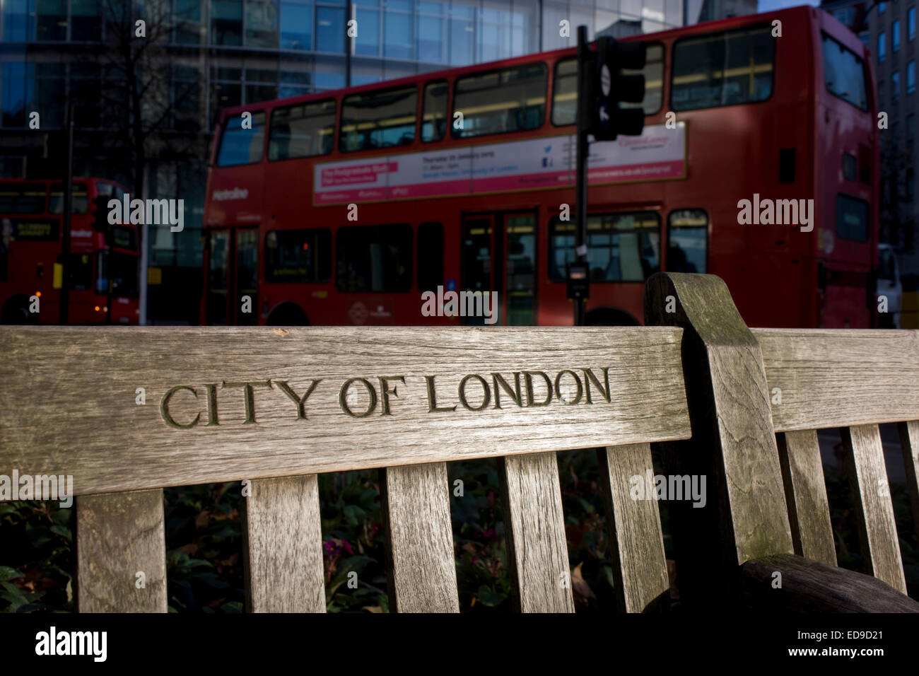 City of London bench and modern city background Stock Photo - Alamy
