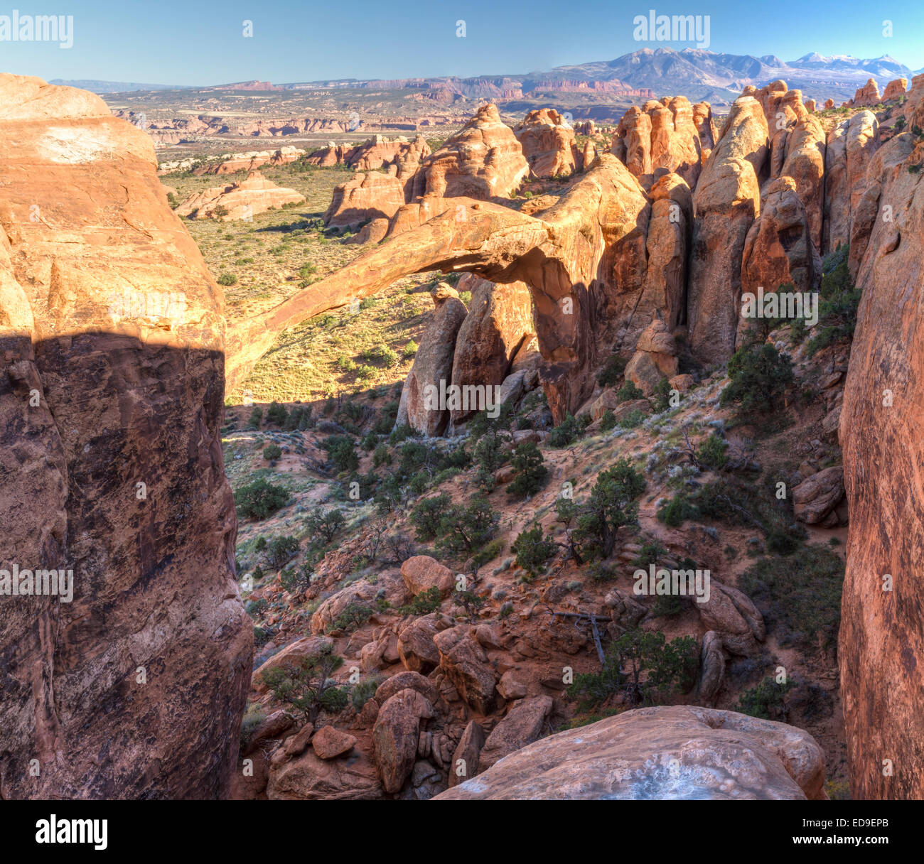 An unusual panoramic rear view of iconic Landscape Arch in the Devil's ...