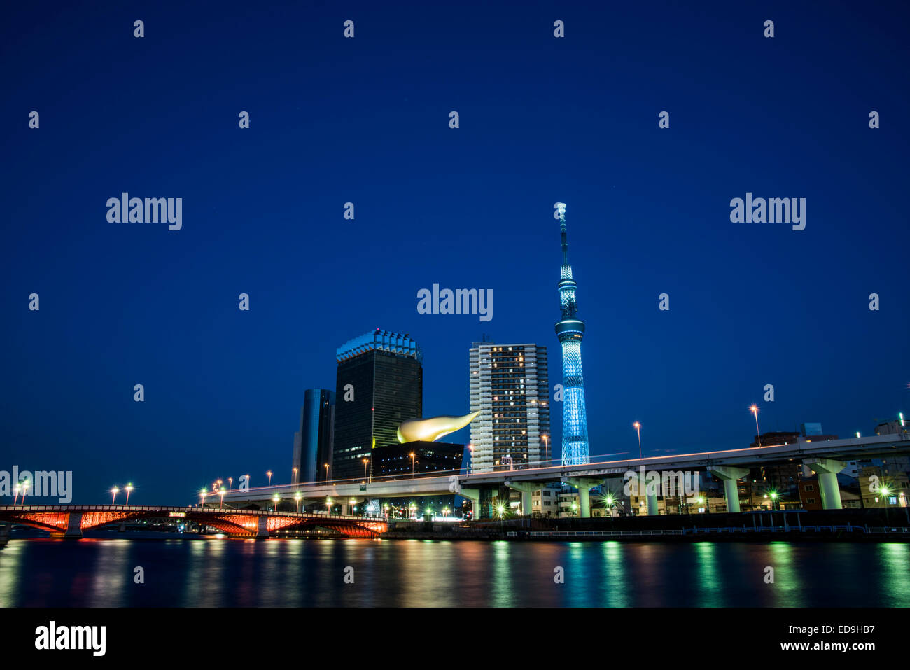 Night scene,Azumabashi bridge and Tokyo Skytree,Sumida river,Tokyo ...