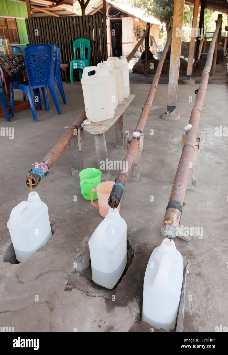 Arak (an alcohol made from coconut palms) being distilled at a roadside ...