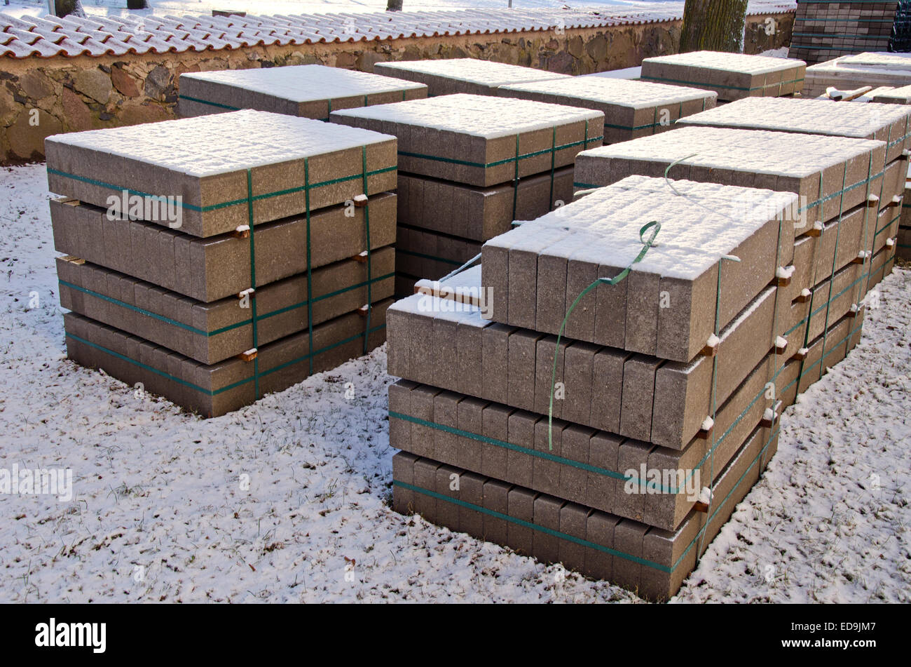 building materials concrete blocks in urban winter time park Stock ...