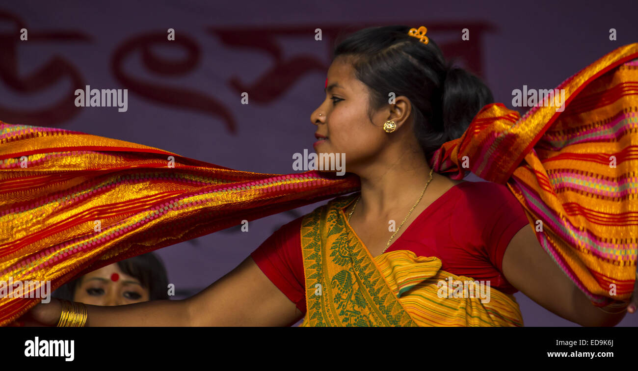 Sivasagar, Assam, India. 3rd Jan, 2015. Bodo tribal girls perform their traditional 'Bagurumba ...