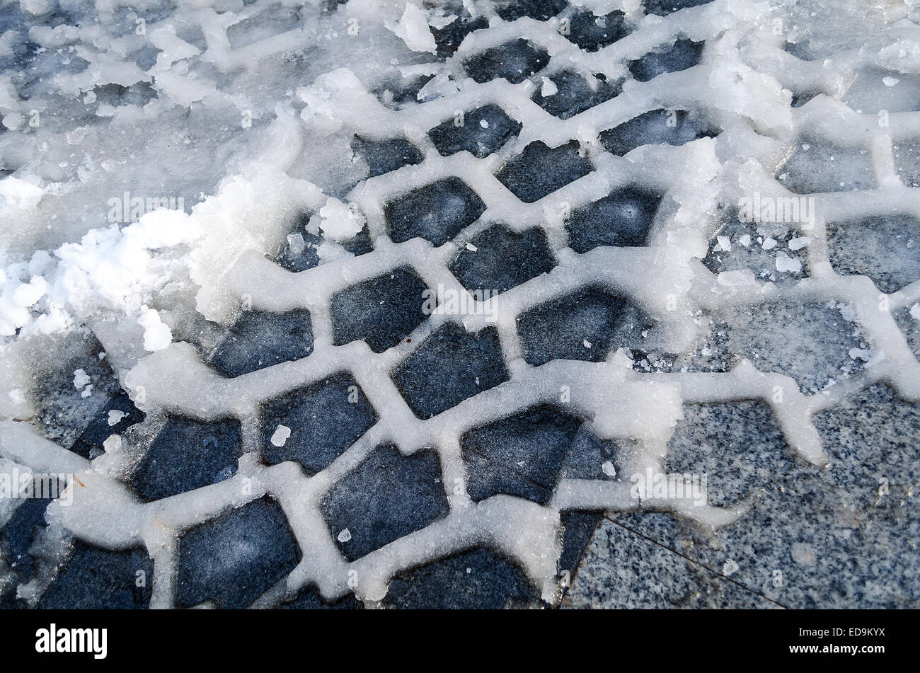Close up of tire track in snow and ice ground Stock Photo - Alamy