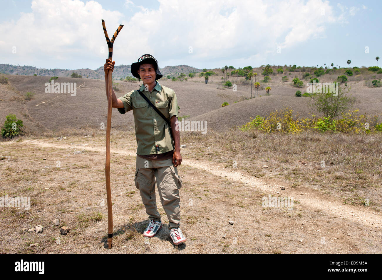Komodo National Park ranger with his forked stick on Rinca island, East ...