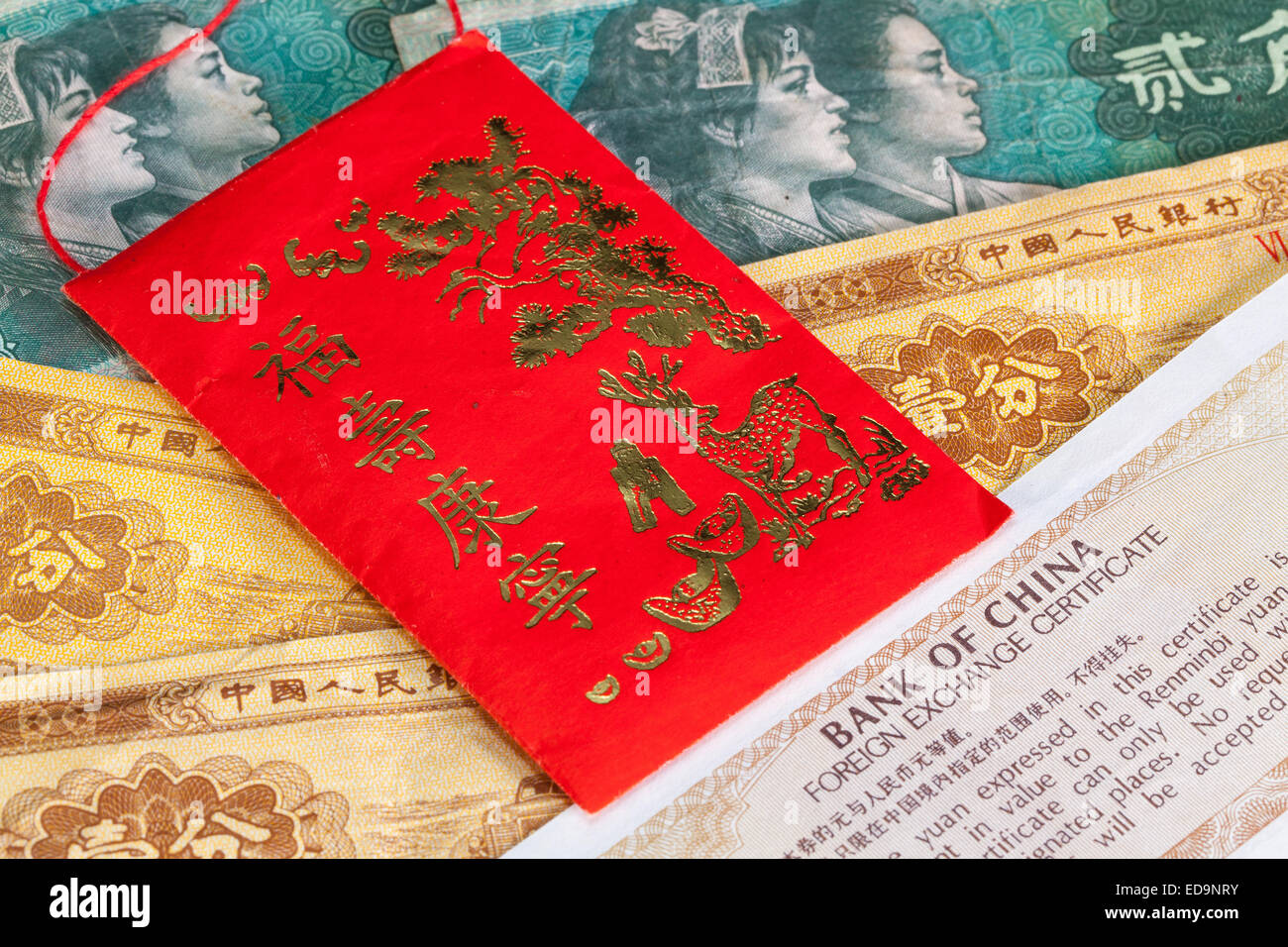 Typical China red envelope and different China banknotes Stock Photo ...