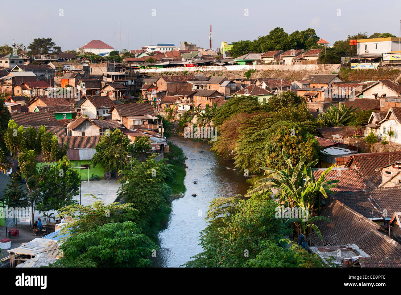 Houses on the banks of the Kali Code river in Yogyakarta, Java ...