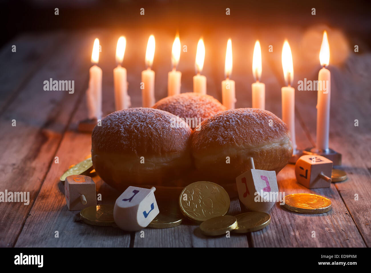 Jewish holiday hannukah symbols - menorah, doughnuts, chocolate coins ...