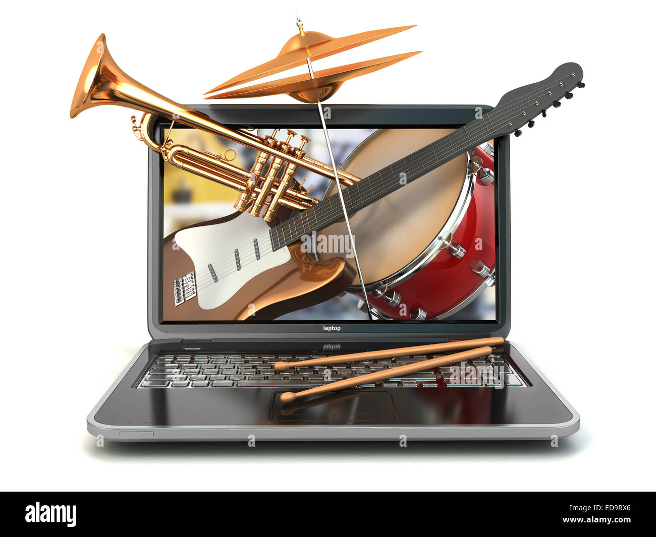 Digital music composer concept. Laptop and musical instruments. Guitar ...