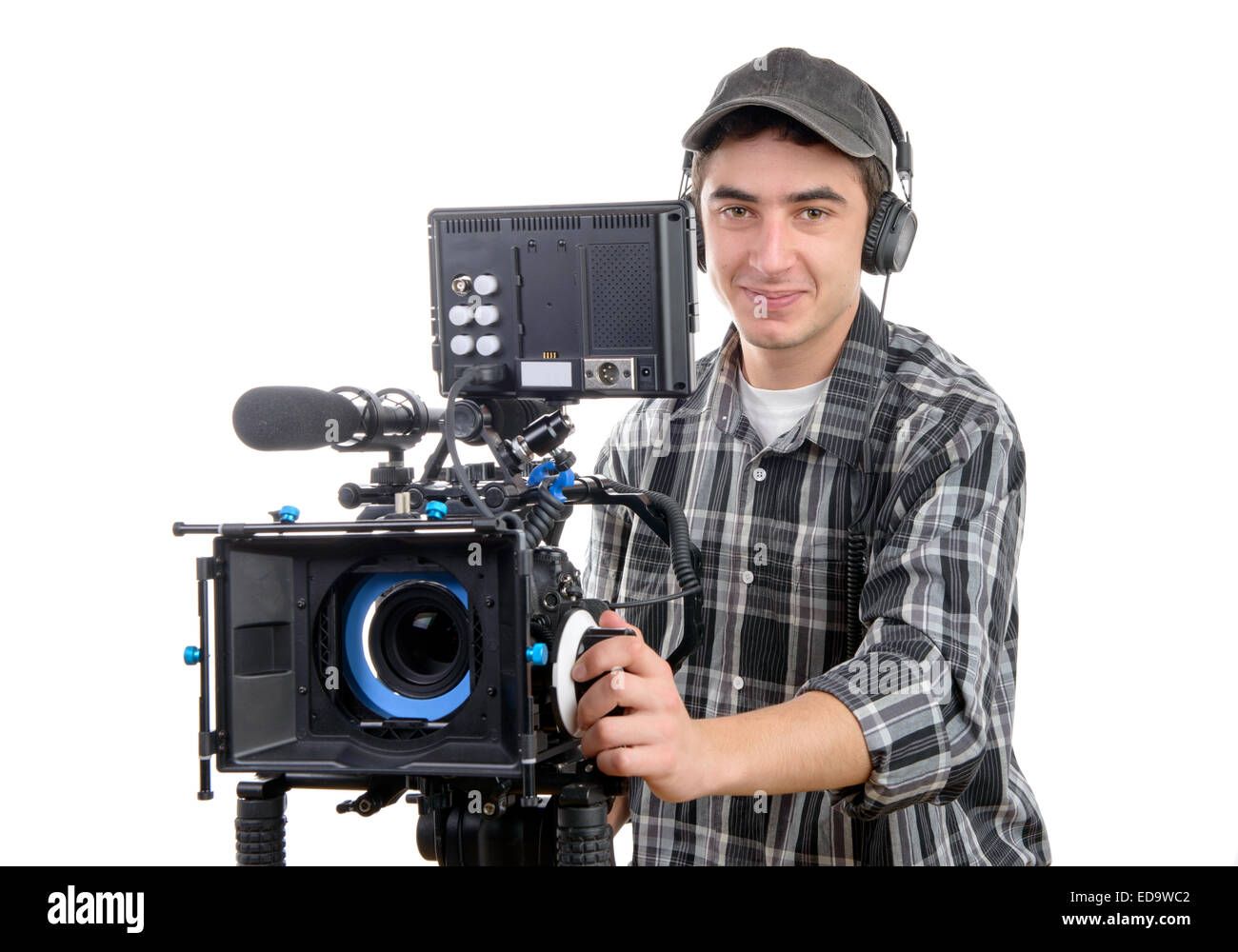 young cameraman with movie camera on the white background Stock Photo ...