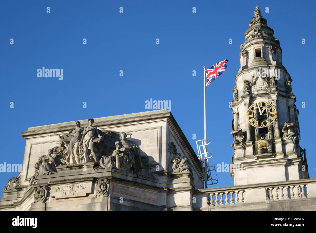 City Hall, Cardiff, Wales, UK. Statues on the facade representing ...