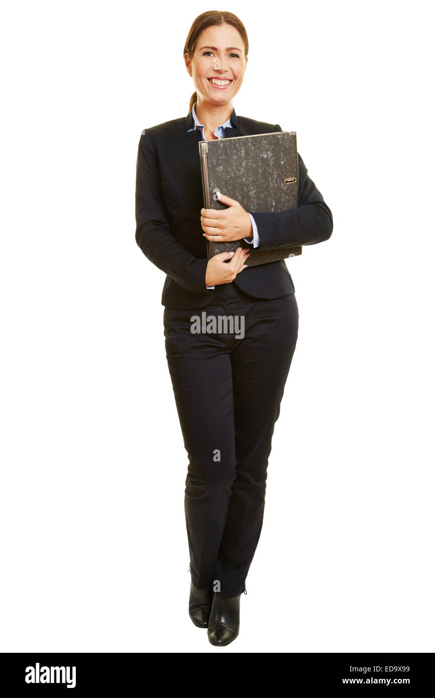 Smiling isolated full body business woman with files Stock Photo - Alamy
