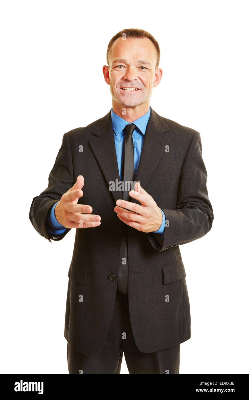Business man talking during presentation and using hand gestures Stock ...