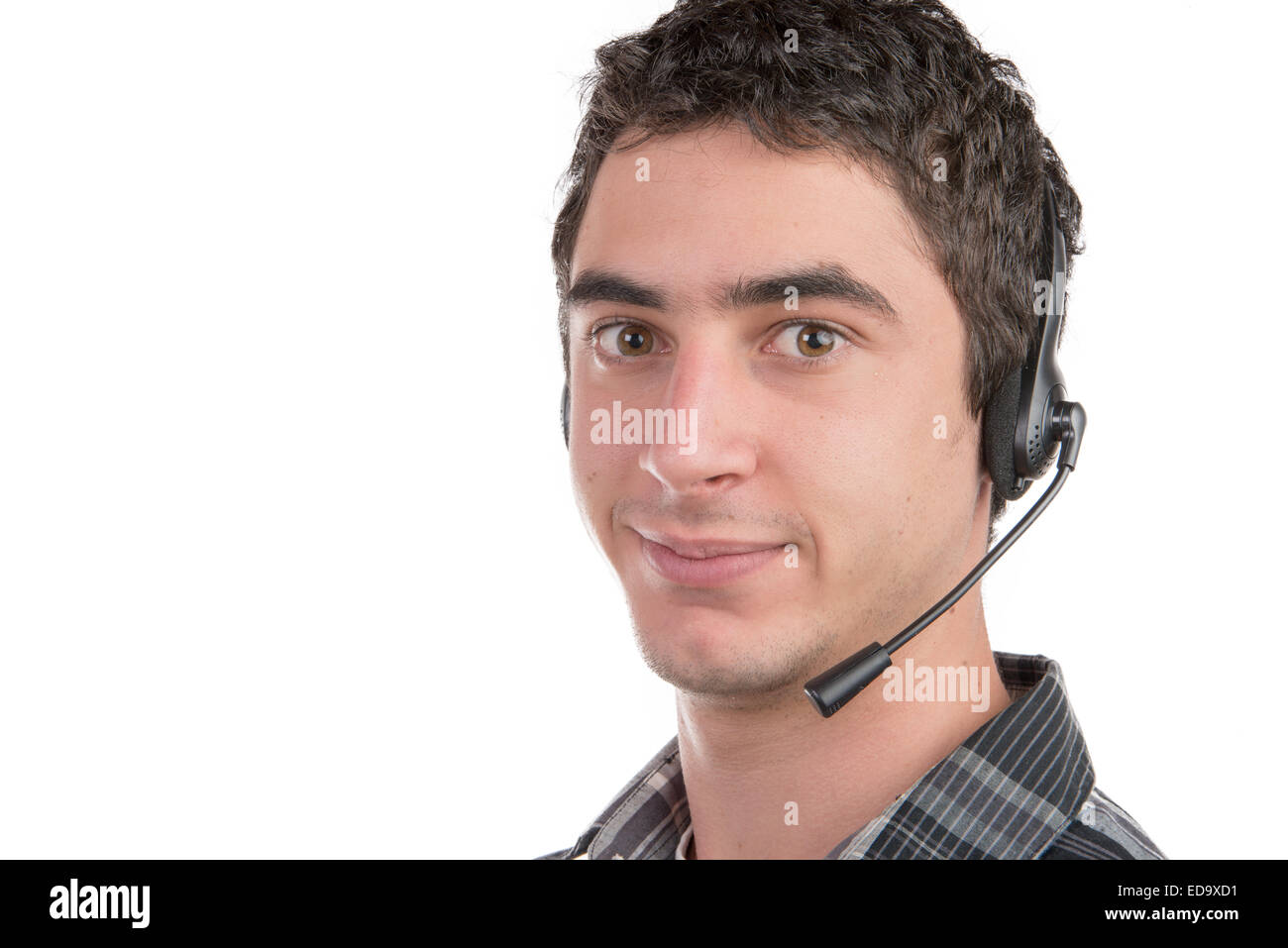 a young man working on the hotline on the white background Stock Photo ...