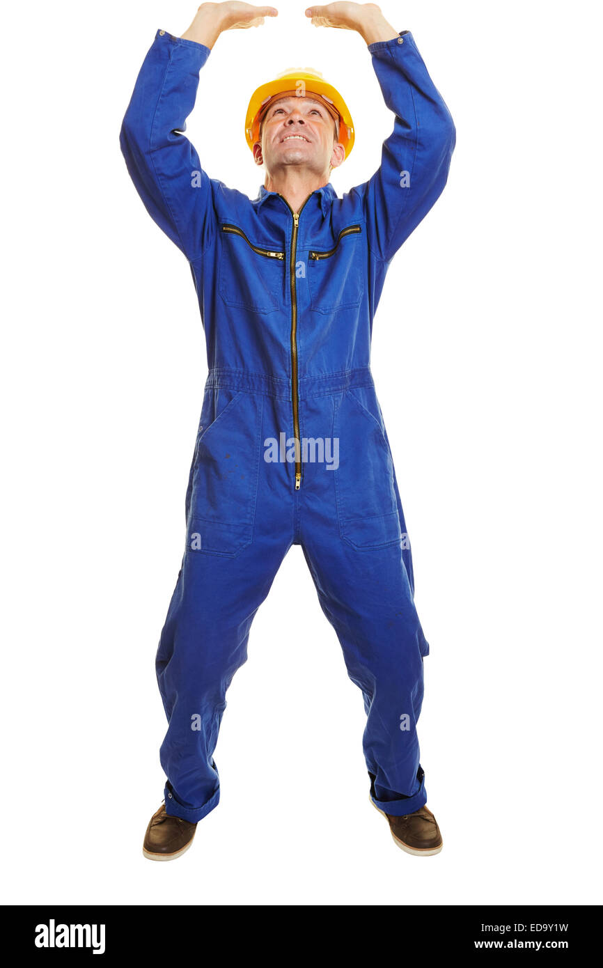 Fully body isolated construction worker lifting a heavy imaginary ...