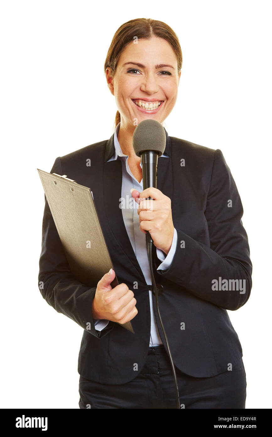 Smiling female media journalist with microphone and clipboard Stock ...