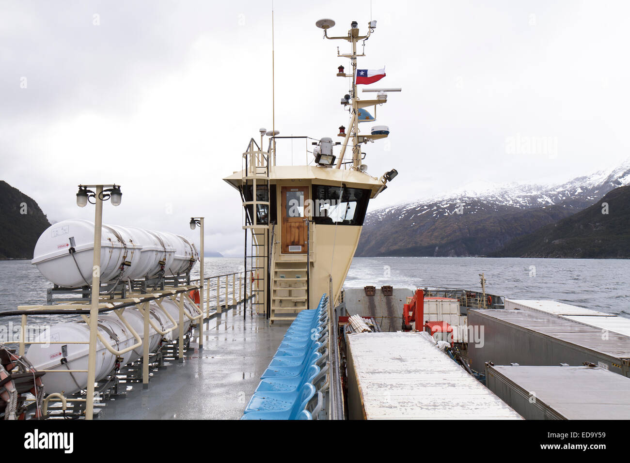 Sailing through the Beagle Channel on board the ferry Yaghan on the way ...