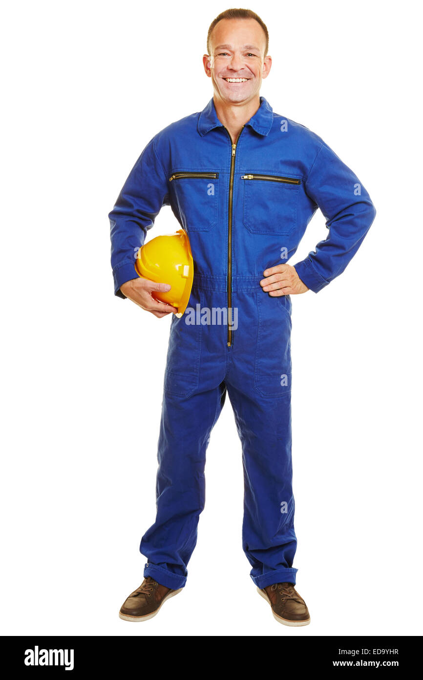 Happy isolated fully body construction worker with helmet in a jumpsuit ...