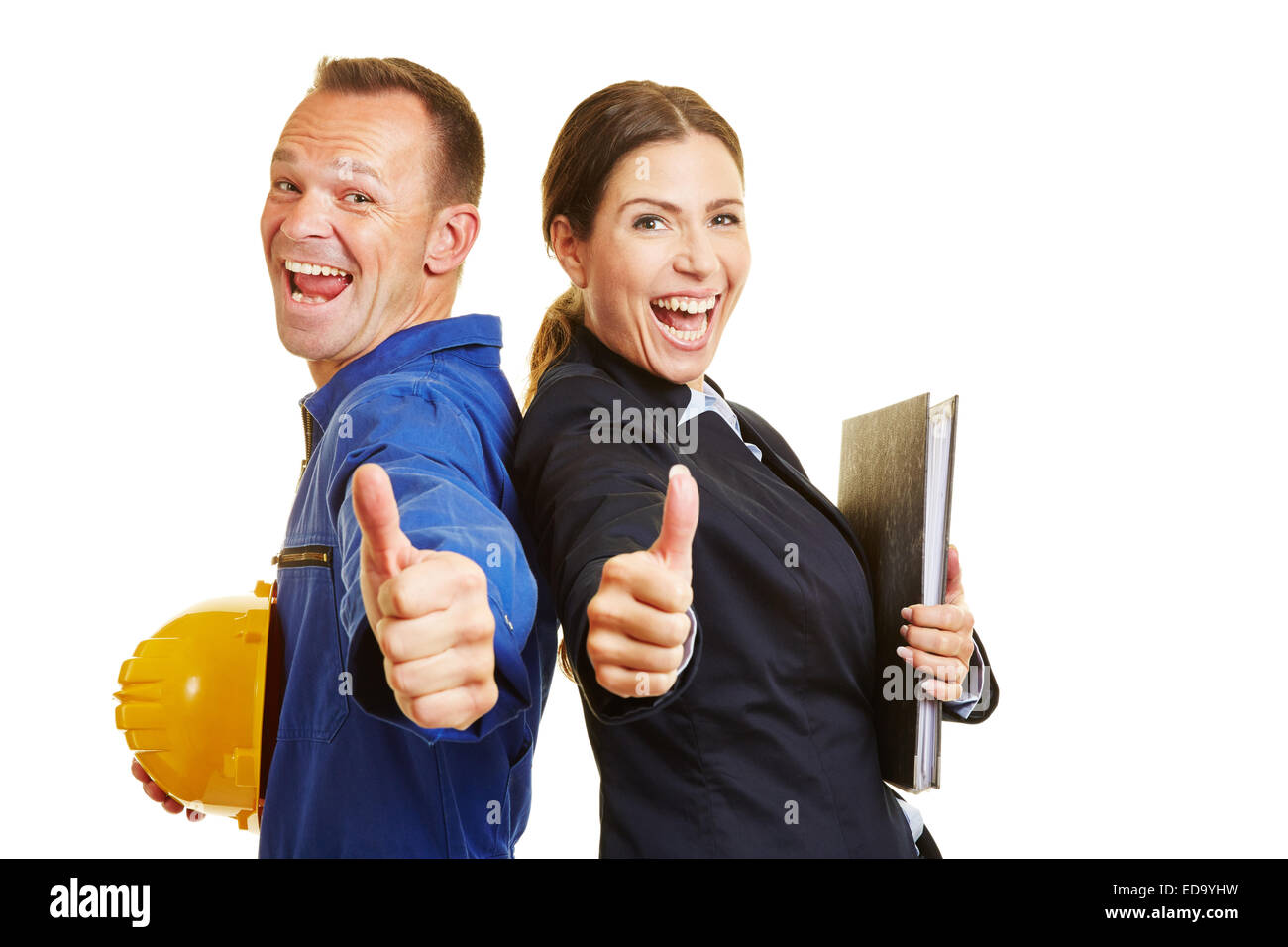 Happy worker and cheering businesswoman holding together their thumbs ...