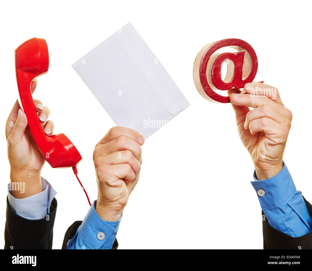 Hands holding phone and letter and email sign as communication concept ...