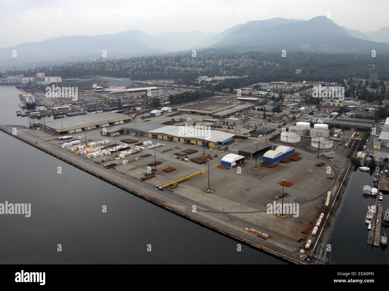 aerial view of riverside wharfs in North Vancouver, south of Cotton ...