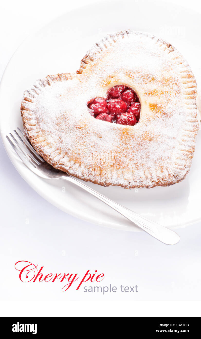 Heart shaped cherry pie with sample text on white background Stock ...
