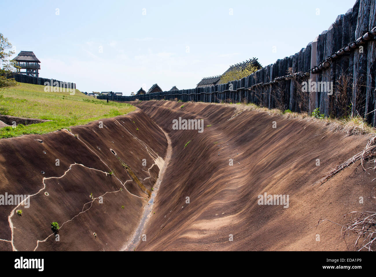 The Yoshinogari stone age park. View along a defensive ditch with ...